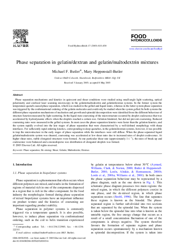 (PDF) Phase separation in gelatin/dextran and gelatin/maltodextrin mixtures