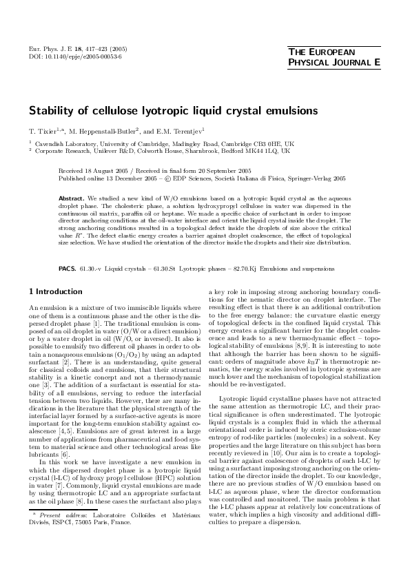 (PDF) Stability of cellulose lyotropic liquid crystal emulsions