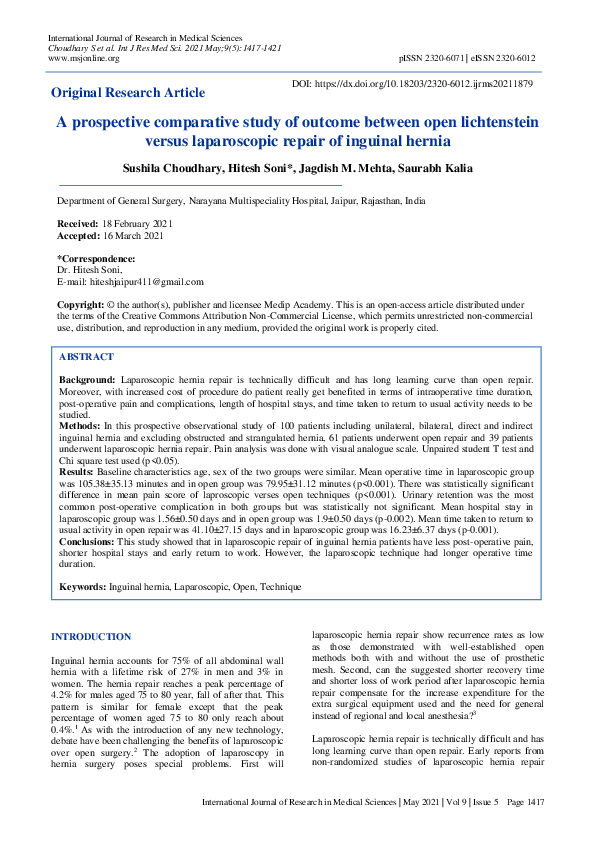 (PDF) A prospective comparative study of outcome between open lichtenstein versus laparoscopic ...