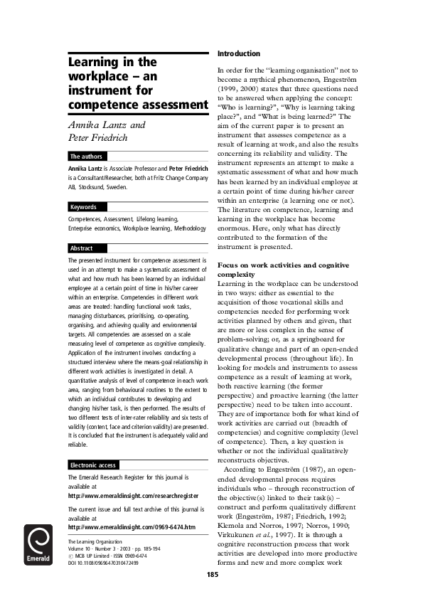 (PDF) Learning in the workplace – an instrument for competence assessment