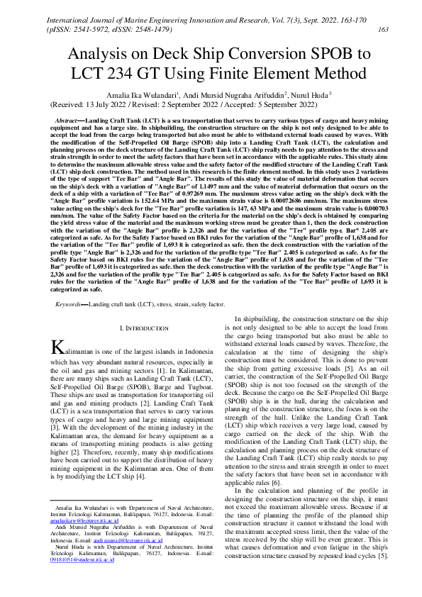 (PDF) Analysis on Deck Ship Conversion SPOB to LCT 234 GT Using Finite Element Method