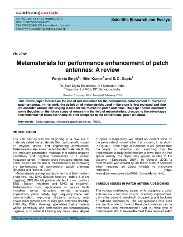 (PDF) Metamaterials for performance enhancement of patch antennas: A review