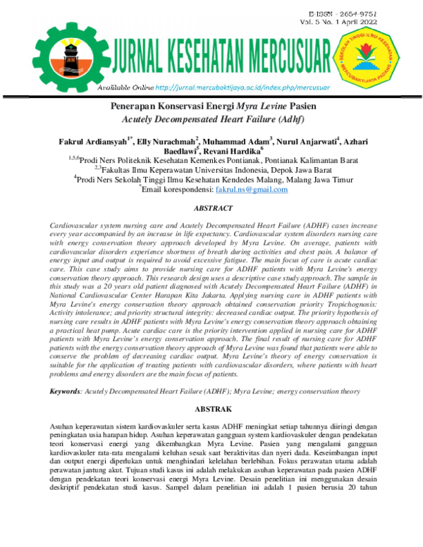 (PDF) Penerapan Konservasi Energi Myra Levine Pasien Acutely Decompensated Heart Failure (ADHF)