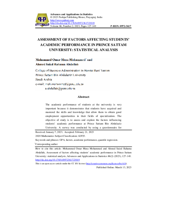 (PDF) ASSESSMENT OF FACTORS AFFECTING STUDENTS' ACADEMIC PERFORMANCE IN PRINCE SATTAM UNIVERSITY ...
