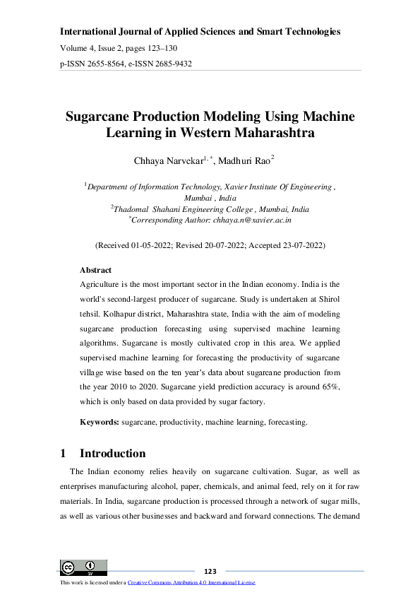(PDF) Sugarcane Production Modeling Using Machine Learning in Western Maharashtra