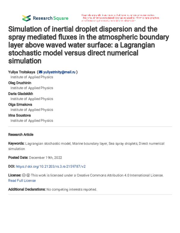 (PDF) Simulation of inertial droplet dispersion and the spray mediated fluxes in the atmospheric ...