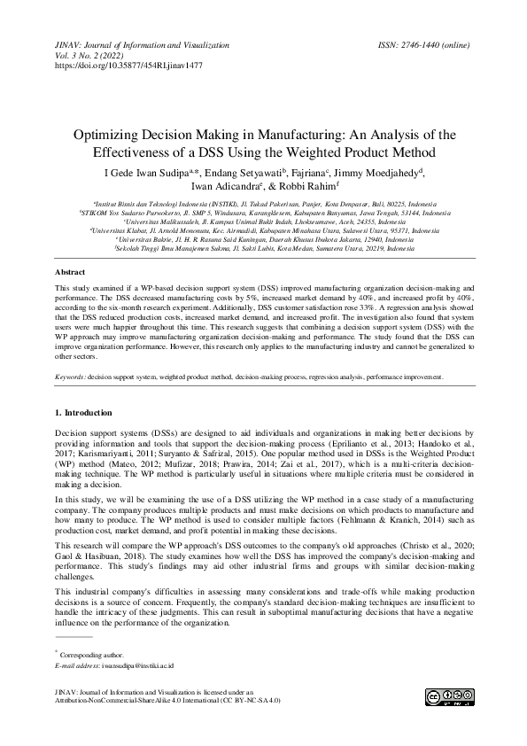 (PDF) Optimizing Decision Making in Manufacturing: An Analysis of the Effectiveness of a DSS ...