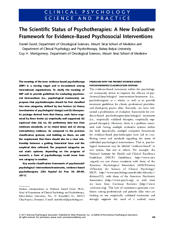 (PDF) The scientific status of psychotherapies: A new evaluative framework for evidence‐based ...