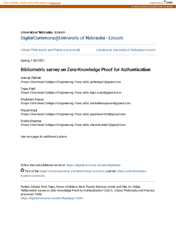 (PDF) Bibliometric survey on Zero-Knowledge Proof for Authentication | Shubham Pawar - Academia.edu