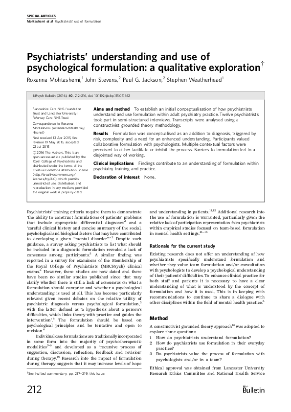 (PDF) Psychiatrists' understanding and use of psychological formulation: a qualitative exploration