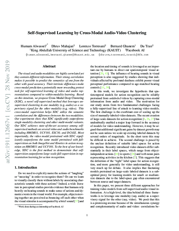 (PDF) Self-Supervised Learning by Cross-Modal Audio-Video Clustering