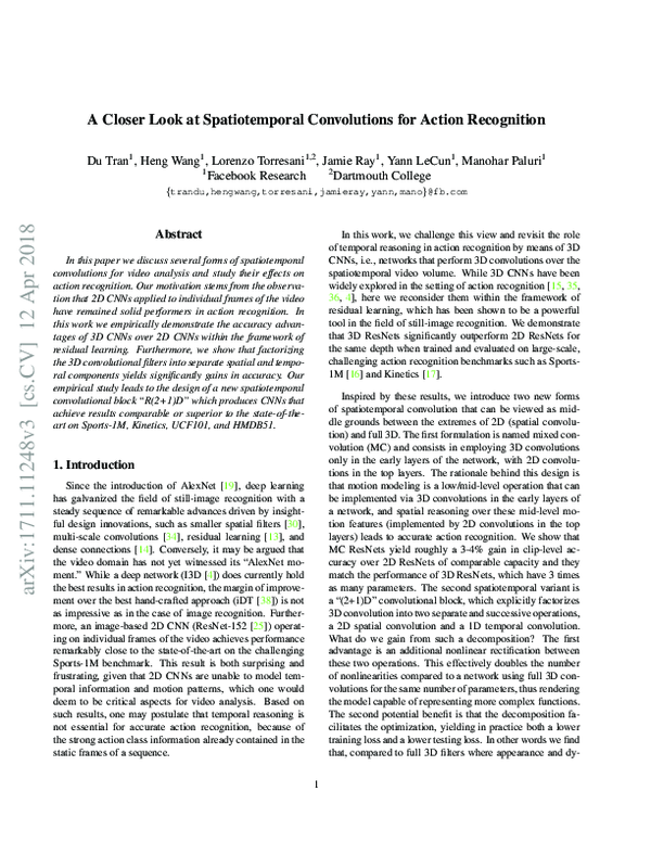 Pdf A Closer Look At Spatiotemporal Convolutions For Action Recognition