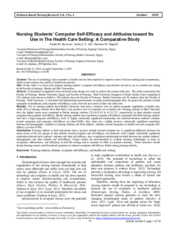(PDF) Nursing Students’ Computer Self-Efficacy and Attitudes toward Its Use in The Health Care ...