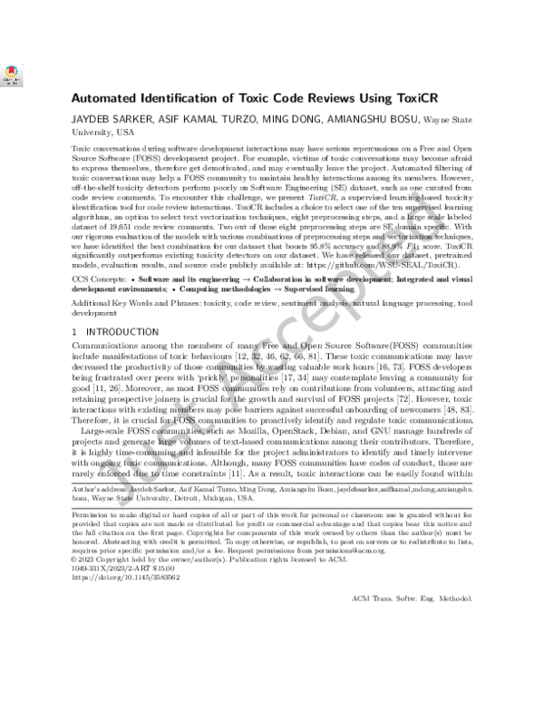 (PDF) Automated Identification of Toxic Code Reviews Using ToxiCR
