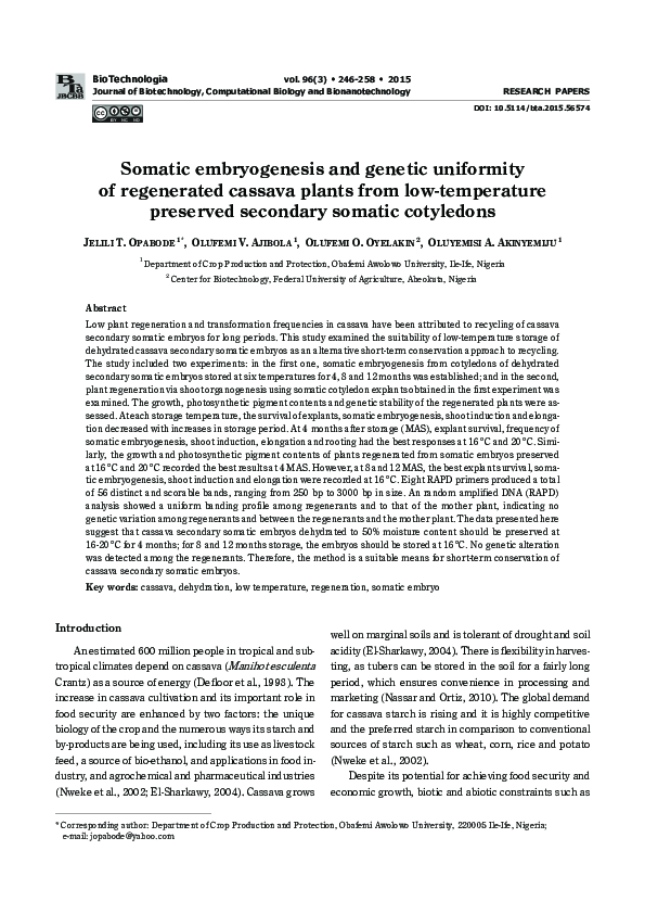 (PDF) Somatic embryogenesis and genetic uniformity of regenerated ...
