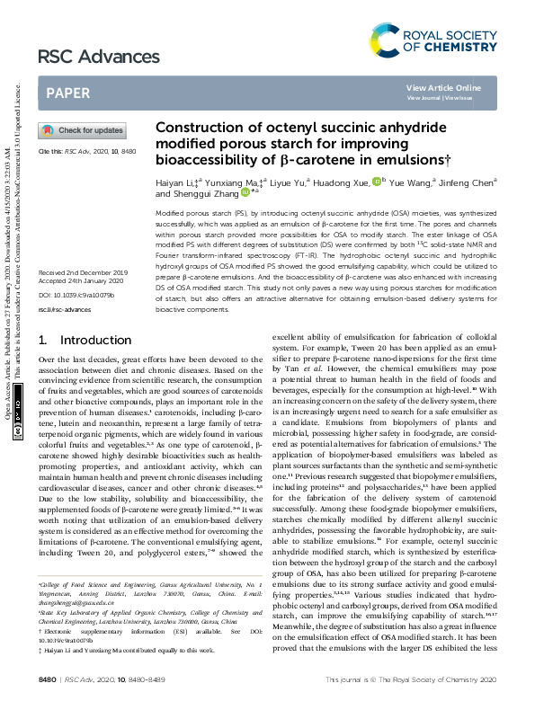 (PDF) Construction of octenyl succinic anhydride modified porous starch for improving ...