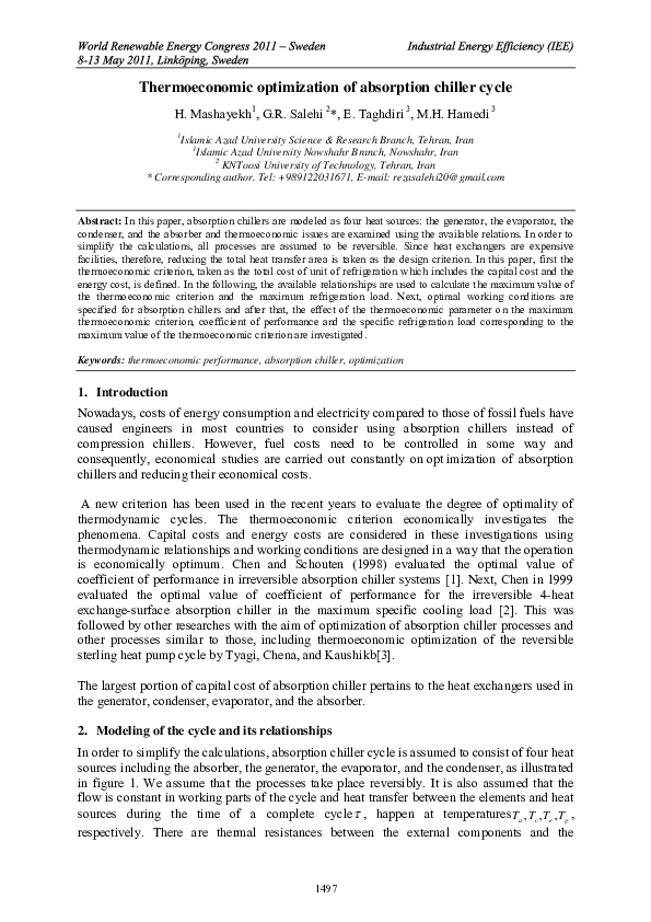 (PDF) Thermoeconomic Optimization of Absorption Chiller Cycle | Ehsan Taghdiri - Academia.edu