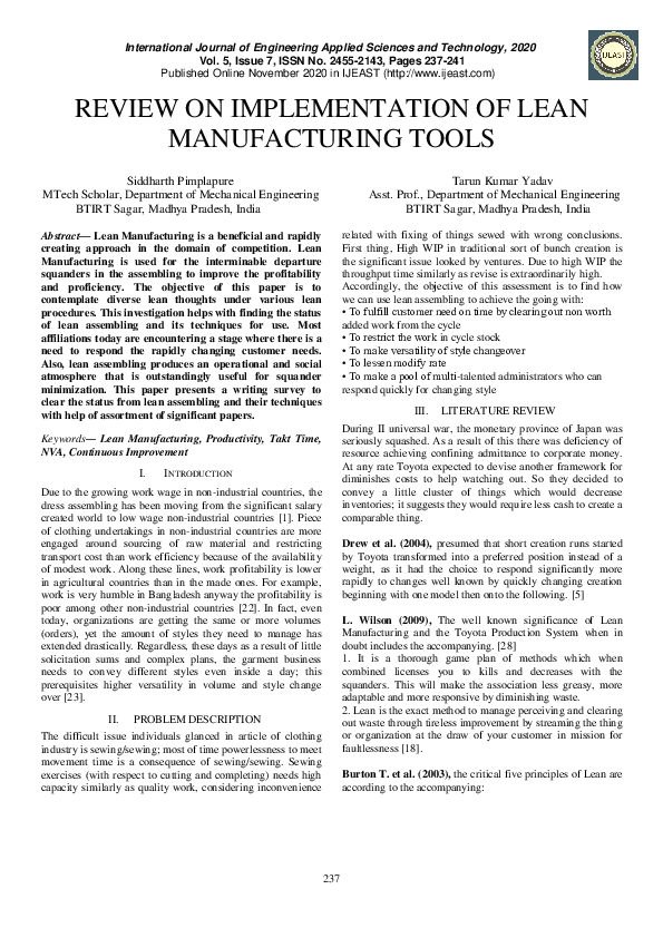 (PDF) Review on Implementation of Lean Manufacturing Tools
