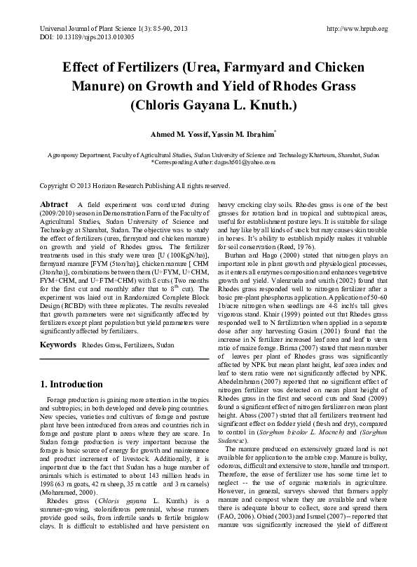 (PDF) Effect of Fertilizers (Urea, Farmyard and Chicken Manure) on ...
