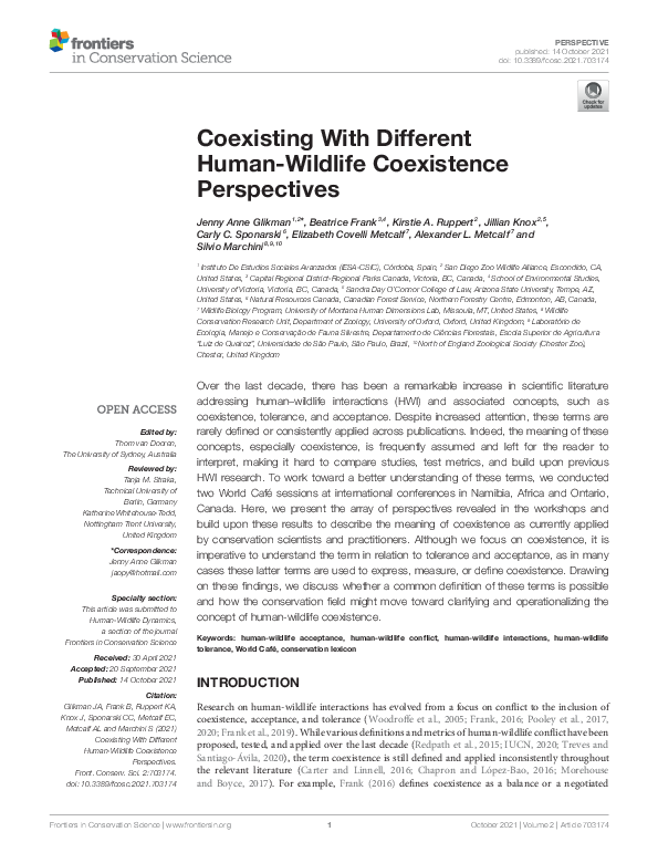 (PDF) Coexisting With Different Human-Wildlife Coexistence Perspectives