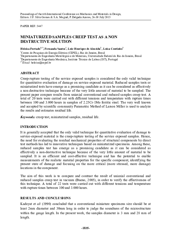 (PDF) Miniaturized Samples Creep Test as a Non Destructive Solution