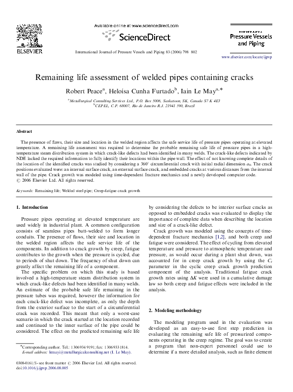 (PDF) Remaining life assessment of welded pipes containing cracks
