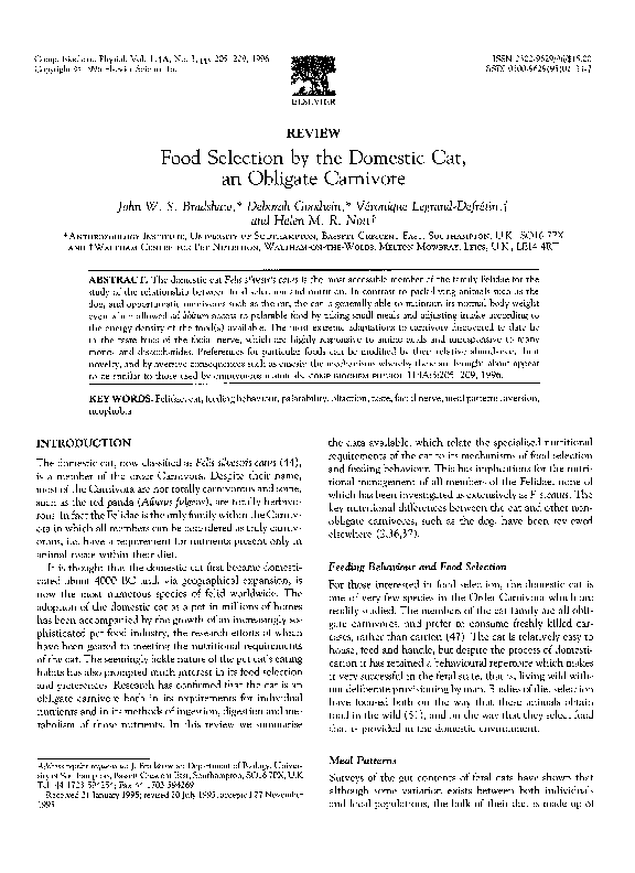 (PDF) Food selection by the domestic cat, an obligate carnivore