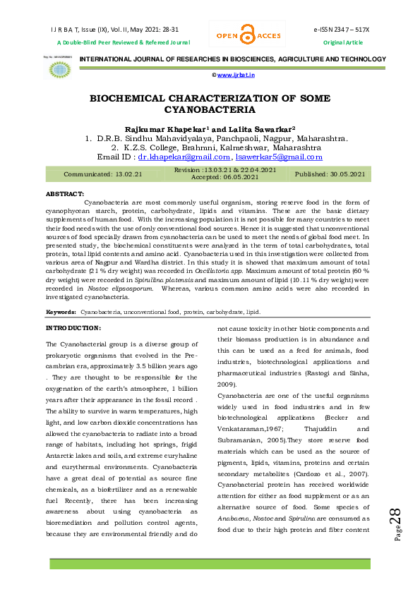 (PDF) Biochemical Characterization of Some Cyanobacteria