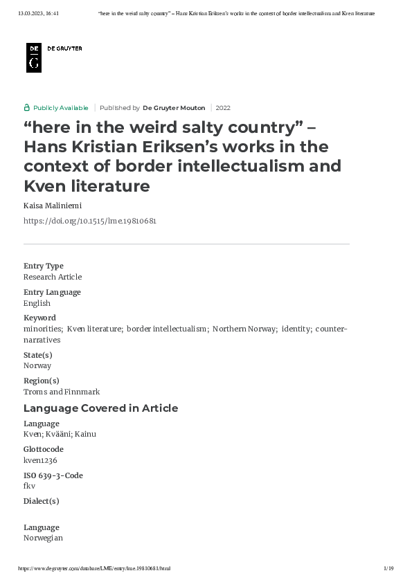 (PDF) "here in the weird salty country" -Hans Kristian Eriksen's works ...