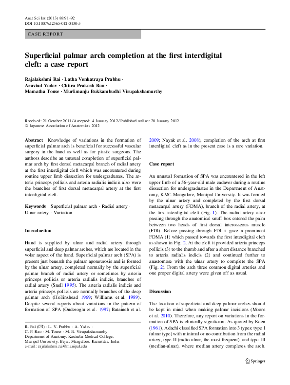 (PDF) Superficial palmar arch completion at the first interdigital ...