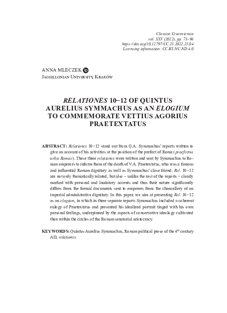 (PDF) Relationes 10-12 of Quintus Aurelius Symmachus as an Elogium to ...