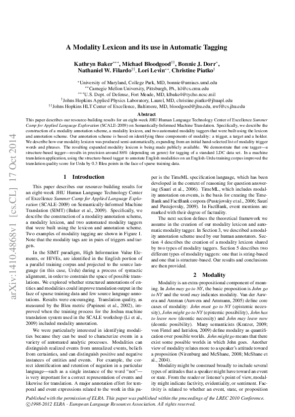 Pdf A Modality Lexicon And Its Use In Automatic Tagging Jesus