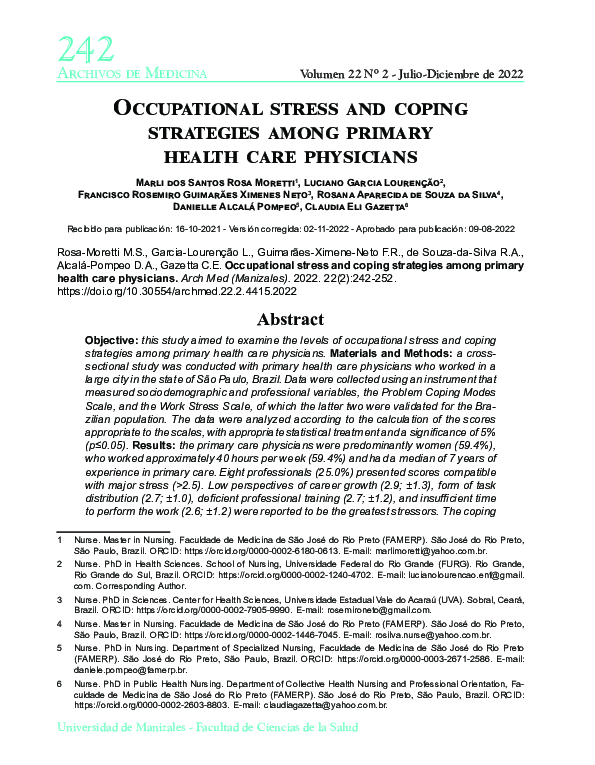 (PDF) Occupational stress and coping strategies among primary health care physicians
