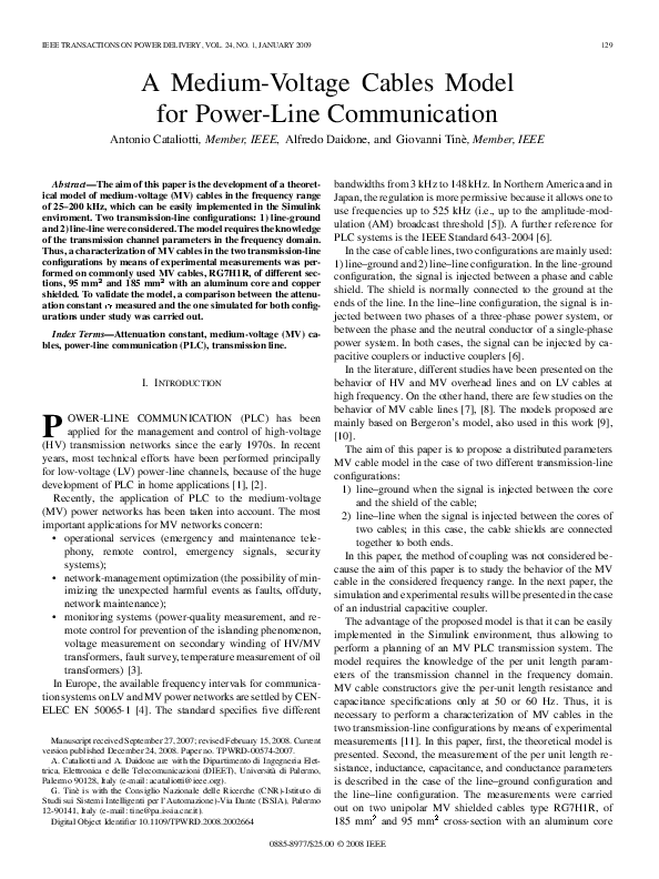 (PDF) A Medium-Voltage Cables Model for Power-Line Communication
