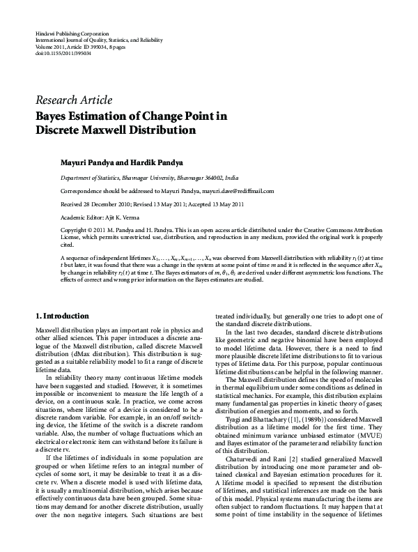 (PDF) Bayes Estimation of Change Point in Discrete Maxwell Distribution