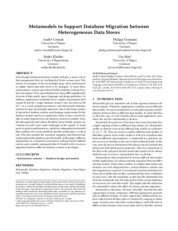 (PDF) Metamodels to support database migration between heterogeneous data stores