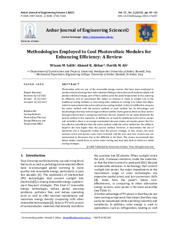(PDF) Methodologies Employed to Cool Photovoltaic Modules for Enhancing Efficiency: A Review