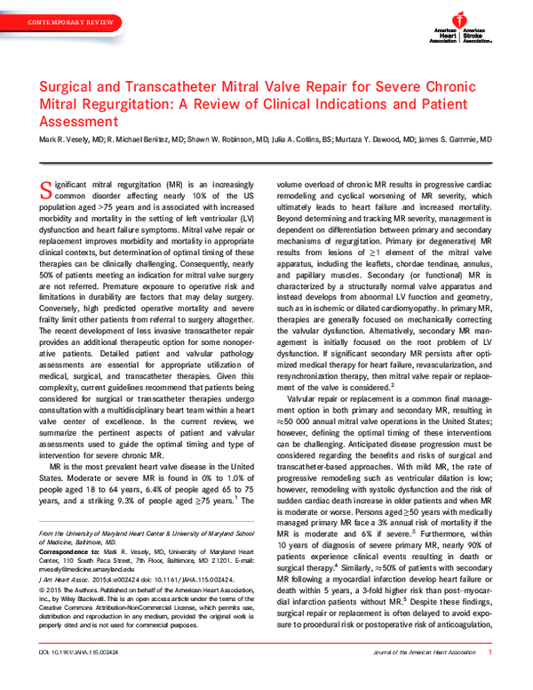 (PDF) Surgical and Transcatheter Mitral Valve Repair for Severe Chronic Mitral Regurgitation: A ...