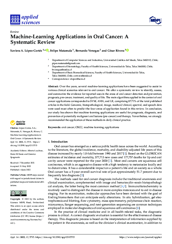 (PDF) Machine-Learning Applications in Oral Cancer: A Systematic Review