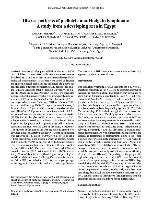 (PDF) Disease patterns of pediatric non-Hodgkin lymphoma: A study from ...