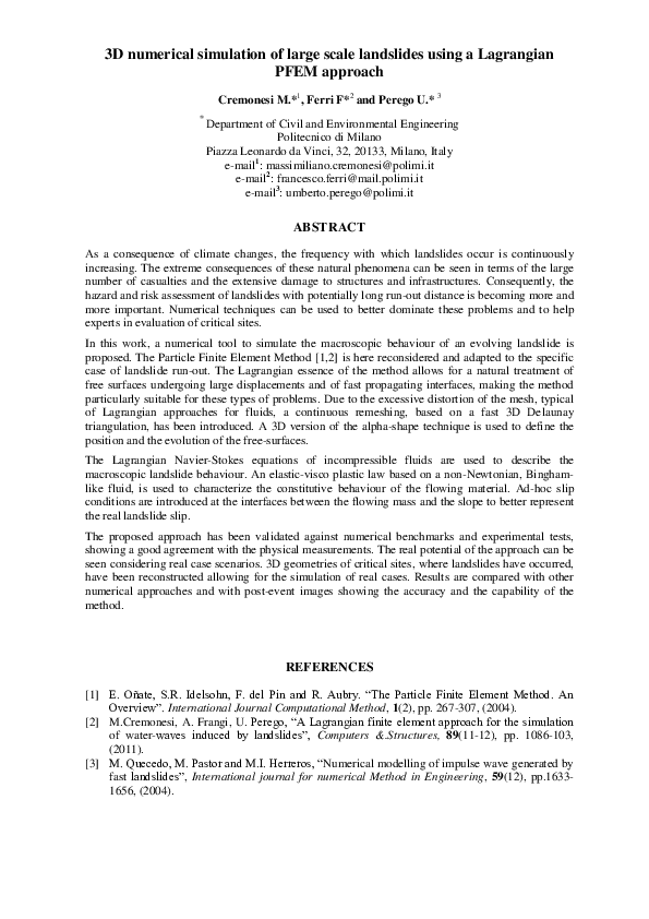 Pdf 3d Numerical Simulation Of Large Scale Landslides Using A