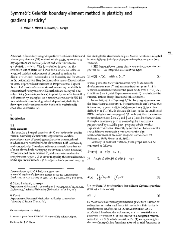 (PDF) Symmetric Galerkin boundary element method in plasticity and gradient plasticity | Umberto ...