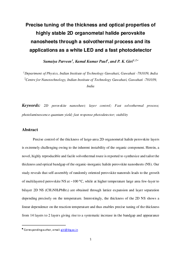 (PDF) Precise Tuning of the Thickness and Optical Properties of Highly Stable 2D Organometal ...