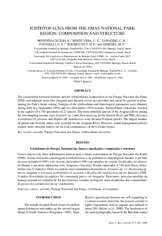 (PDF) Ichthyofauna from the Emas National Park region: composition and ...