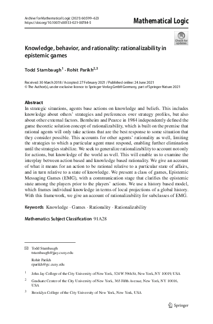 (PDF) Knowledge, behavior, and rationality: rationalizability in ...