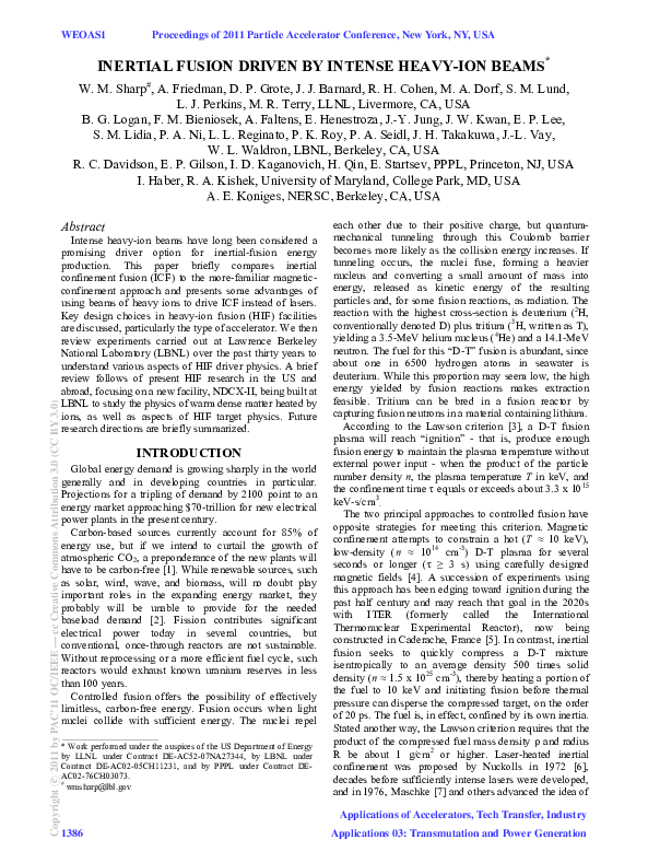 (PDF) Inertial Fusion Driven by Intense Heavy-Ion Beams