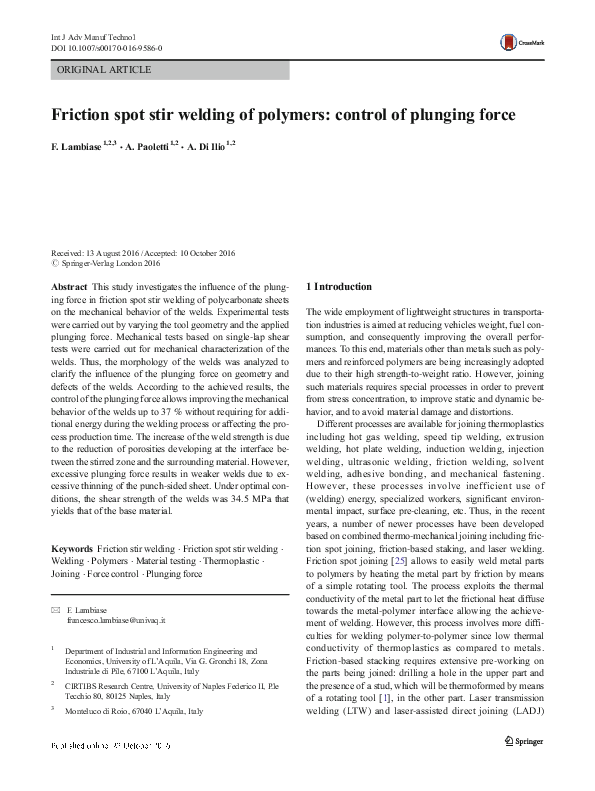(PDF) Friction spot stir welding of polymers: control of plunging force