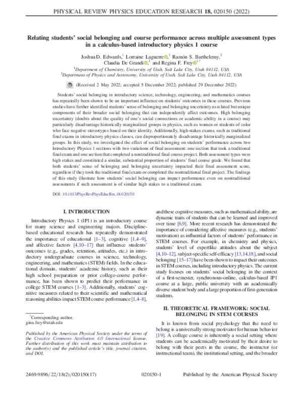(PDF) Relating students’ social belonging and course performance across multiple assessment ...