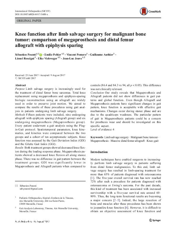 (PDF) Knee function after limb salvage surgery for malignant bone tumor ...