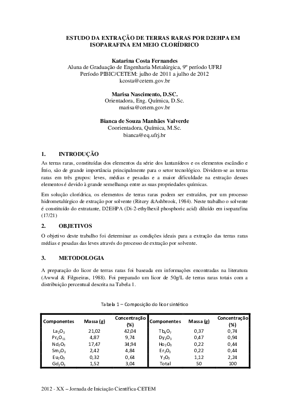 (PDF) Estudo da extração de terras raras por D2EHPA em isoparafina em ...